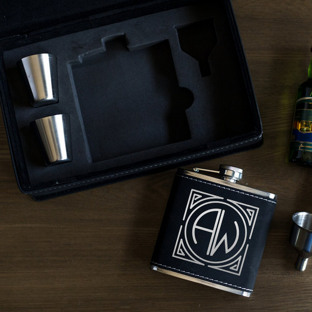 Engrave your design on this flask & shot glass gift set!