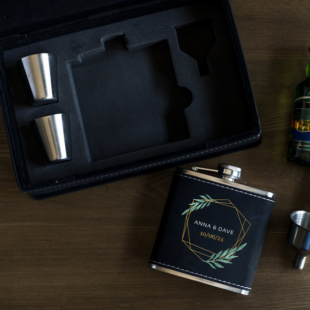 Personalize this high-quality flask & shot glass gift set!
