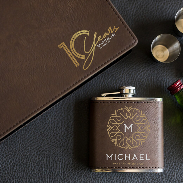 Personalize this high-quality flask & shot glass gift set!